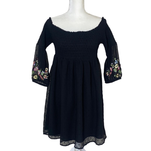 Zara | Dresses | Zara Basic Off Shoulder Shirred Elastic Top Black Swiss Dot Sheer Lined Dress L ...